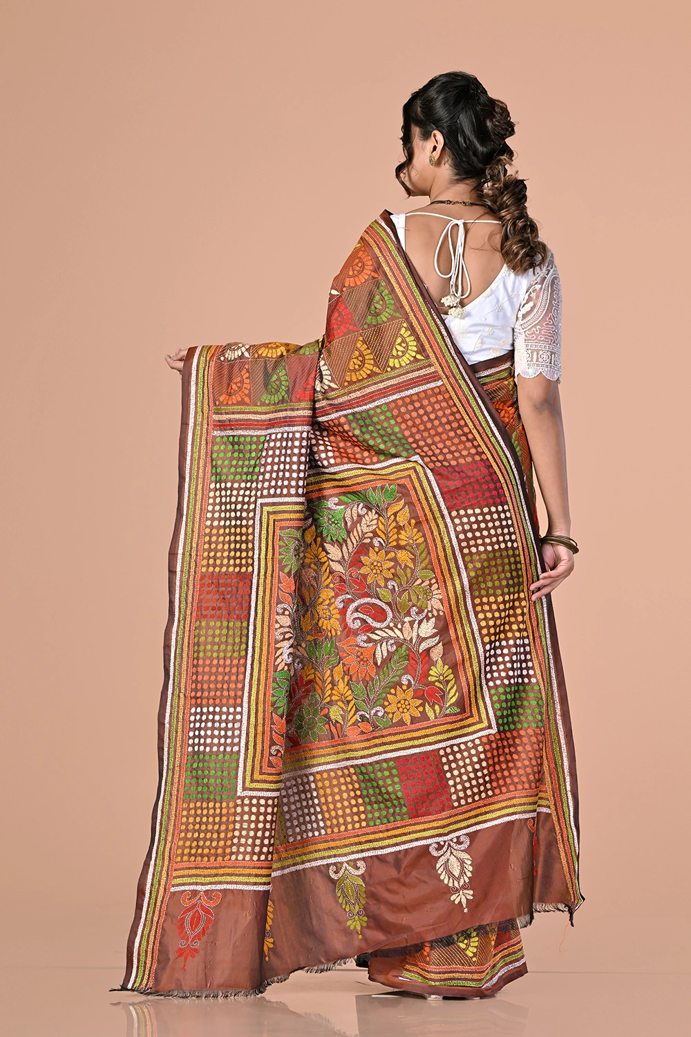 Dark Brown Kantha Stitch Saree - Priya Gopal Bishoyi