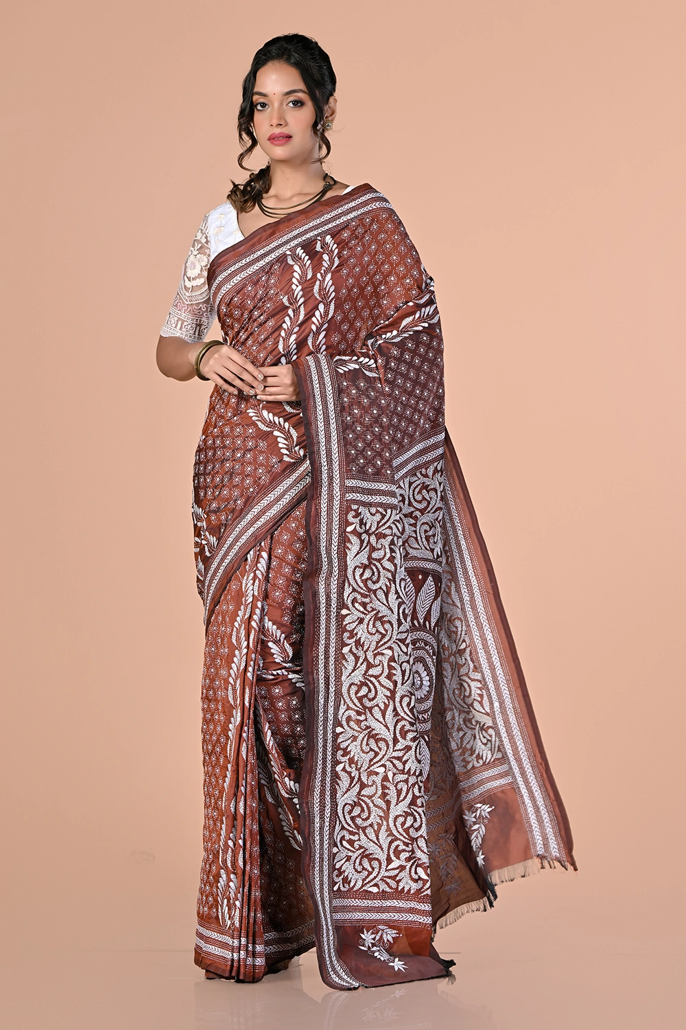 Rust Brown Kantha Stitch Saree - Priya Gopal Bishoyi