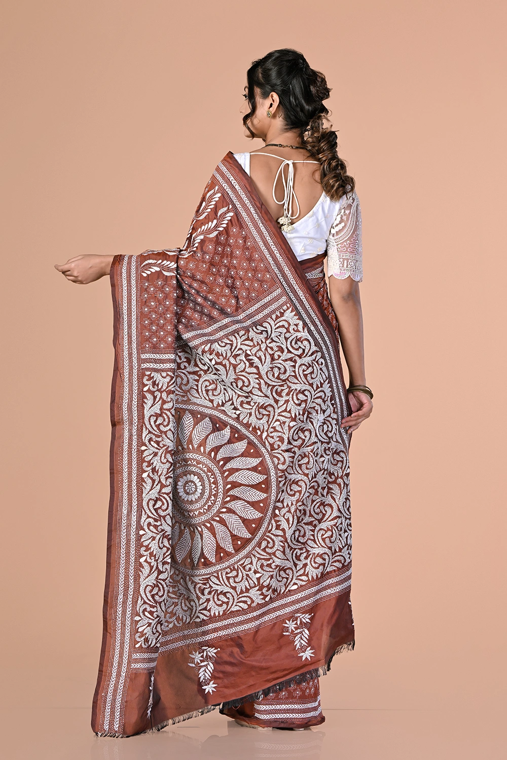 Rust Brown Kantha Stitch Saree - Priya Gopal Bishoyi