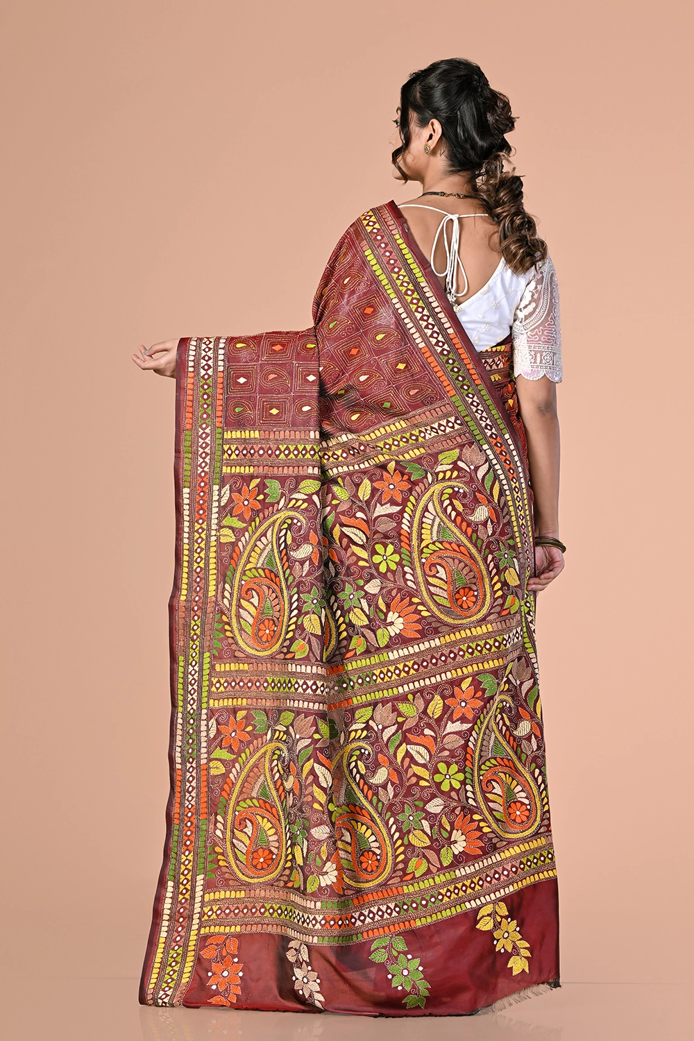Dark Brown Kantha Stitch Saree - Priya Gopal Bishoyi