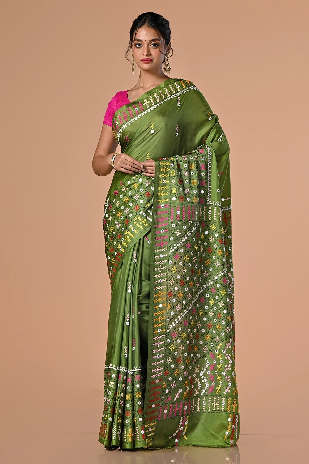 Dark Olive Green Kantha Stitch Saree - Priya Gopal Bishoyi