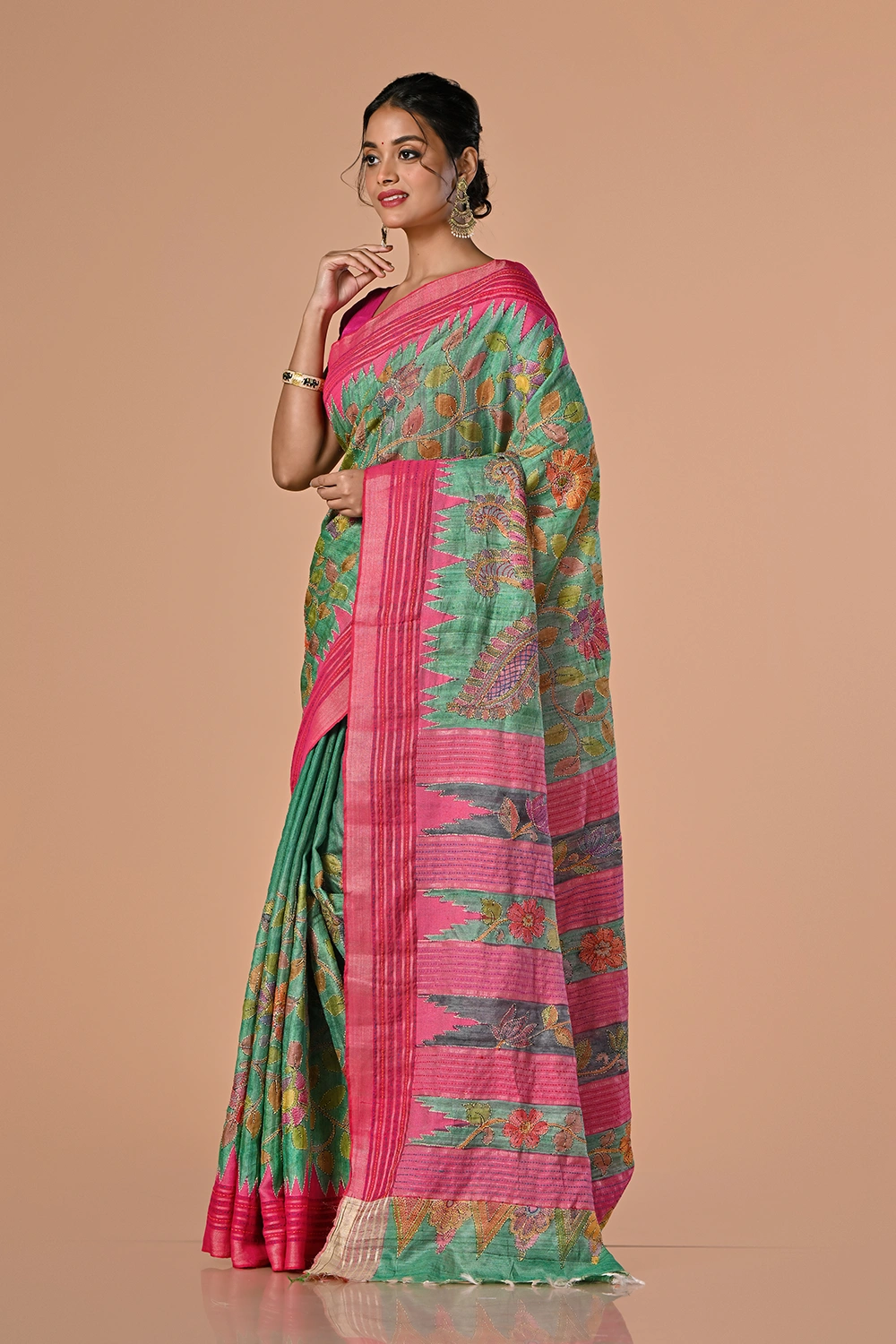 Jade Green Pure Tussar Kantha Stitch Saree - Priya Gopal Bishoyi