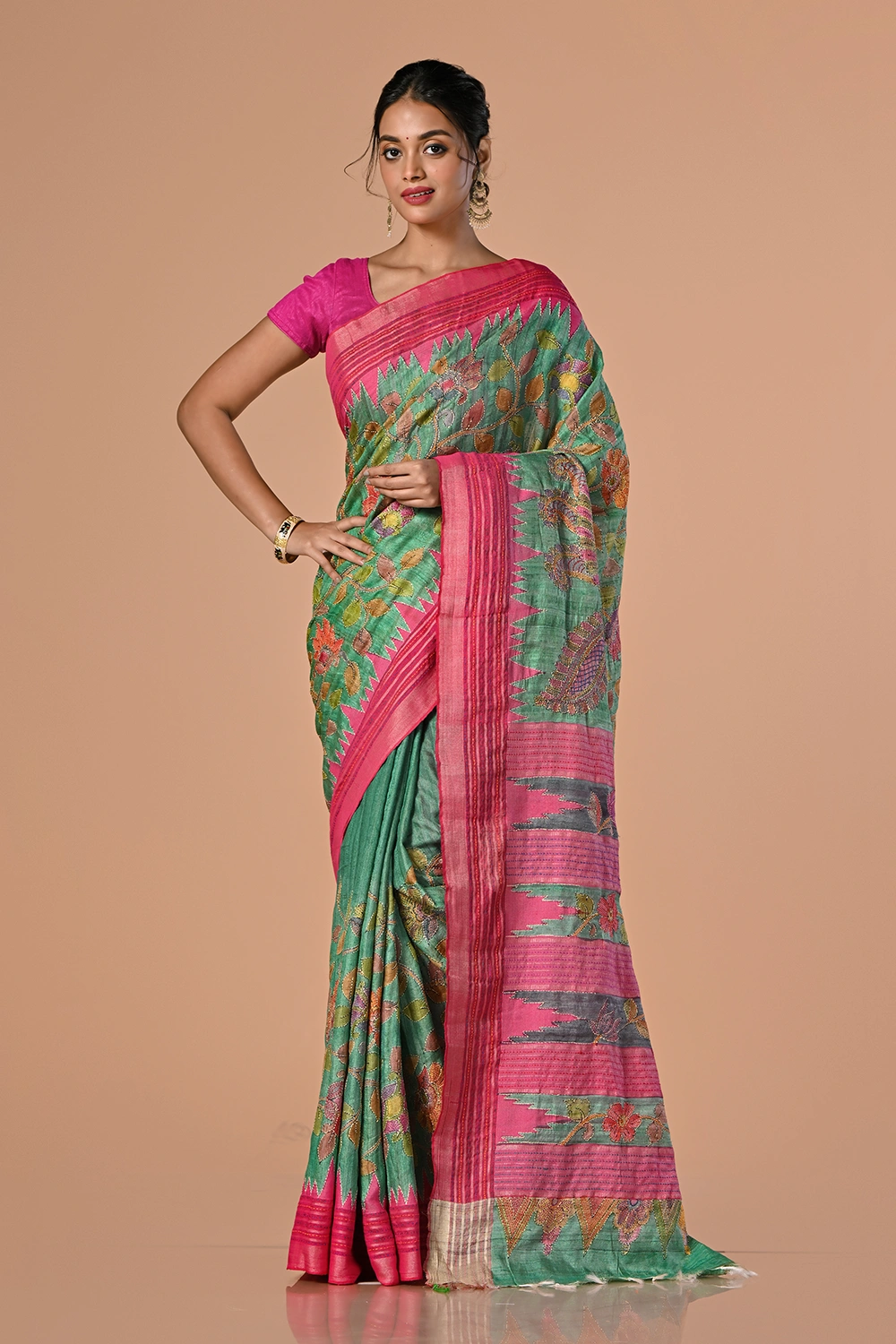 Jade Green Pure Tussar Kantha Stitch Saree - Priya Gopal Bishoyi