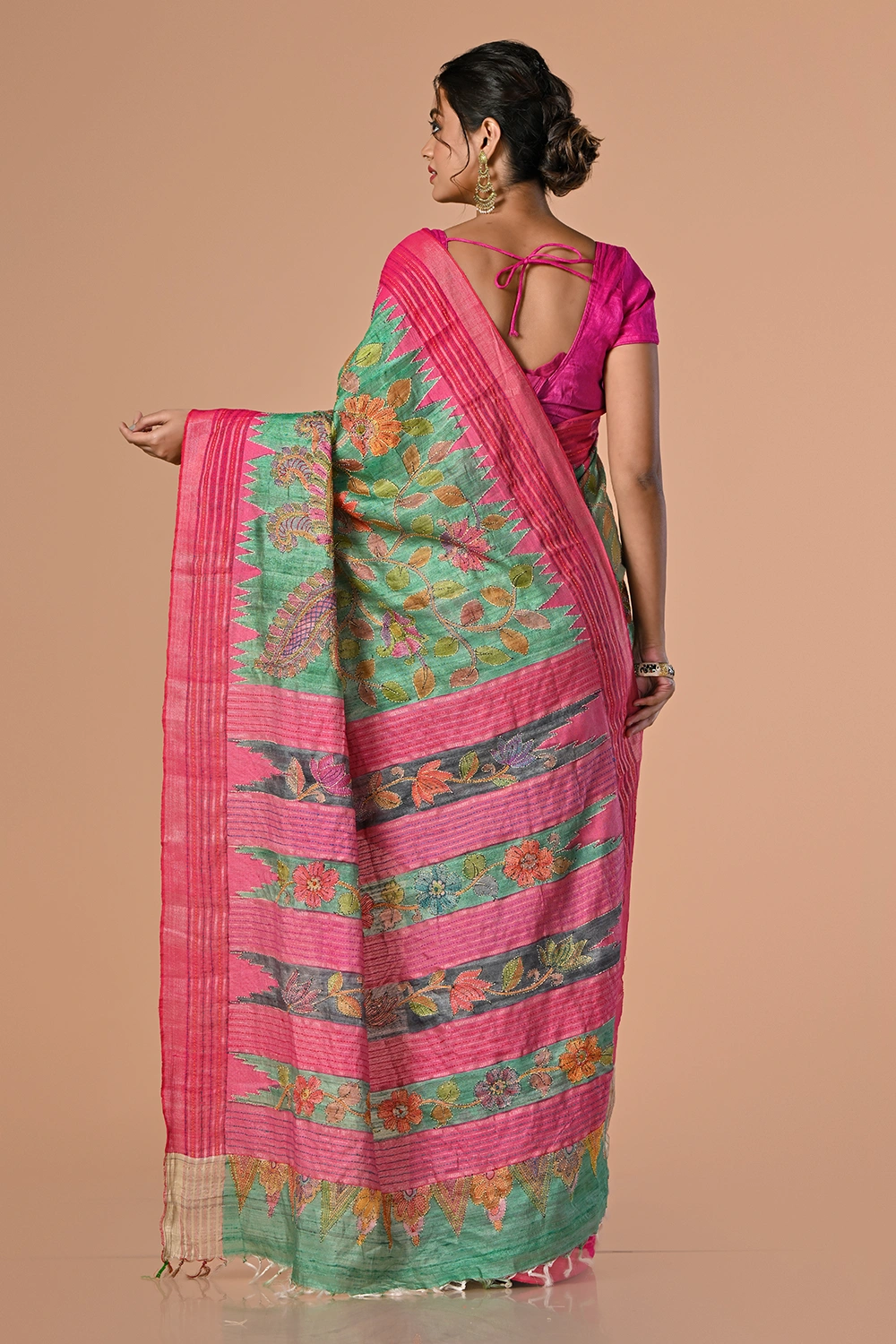 Jade Green Pure Tussar Kantha Stitch Saree - Priya Gopal Bishoyi