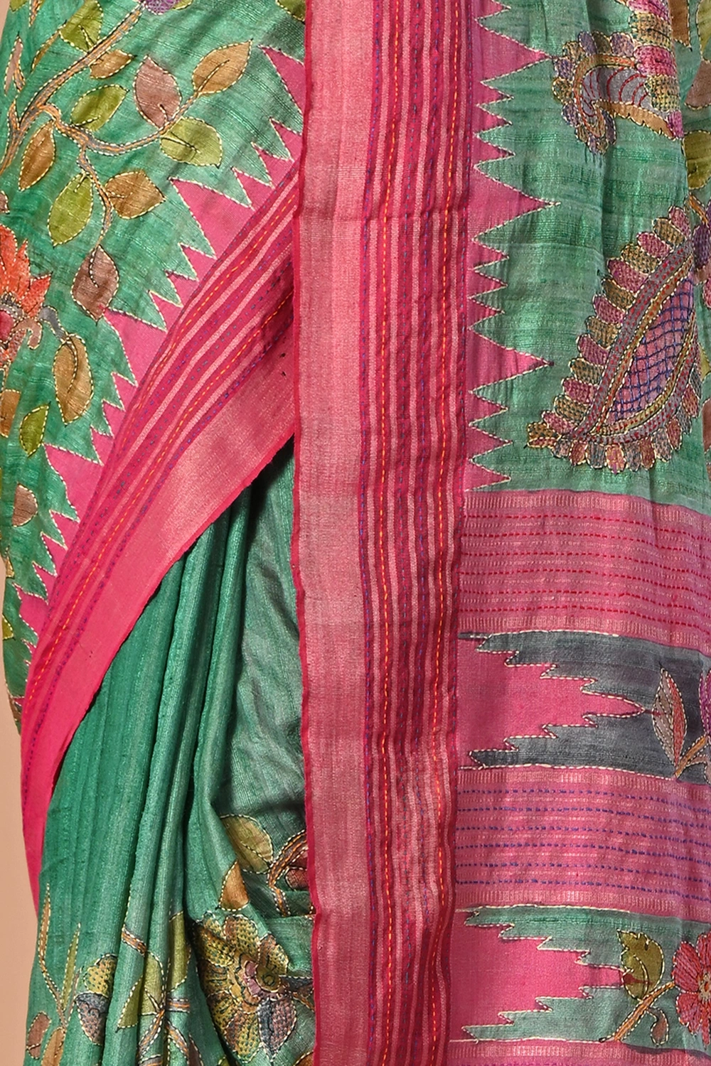 Jade Green Pure Tussar Kantha Stitch Saree - Priya Gopal Bishoyi