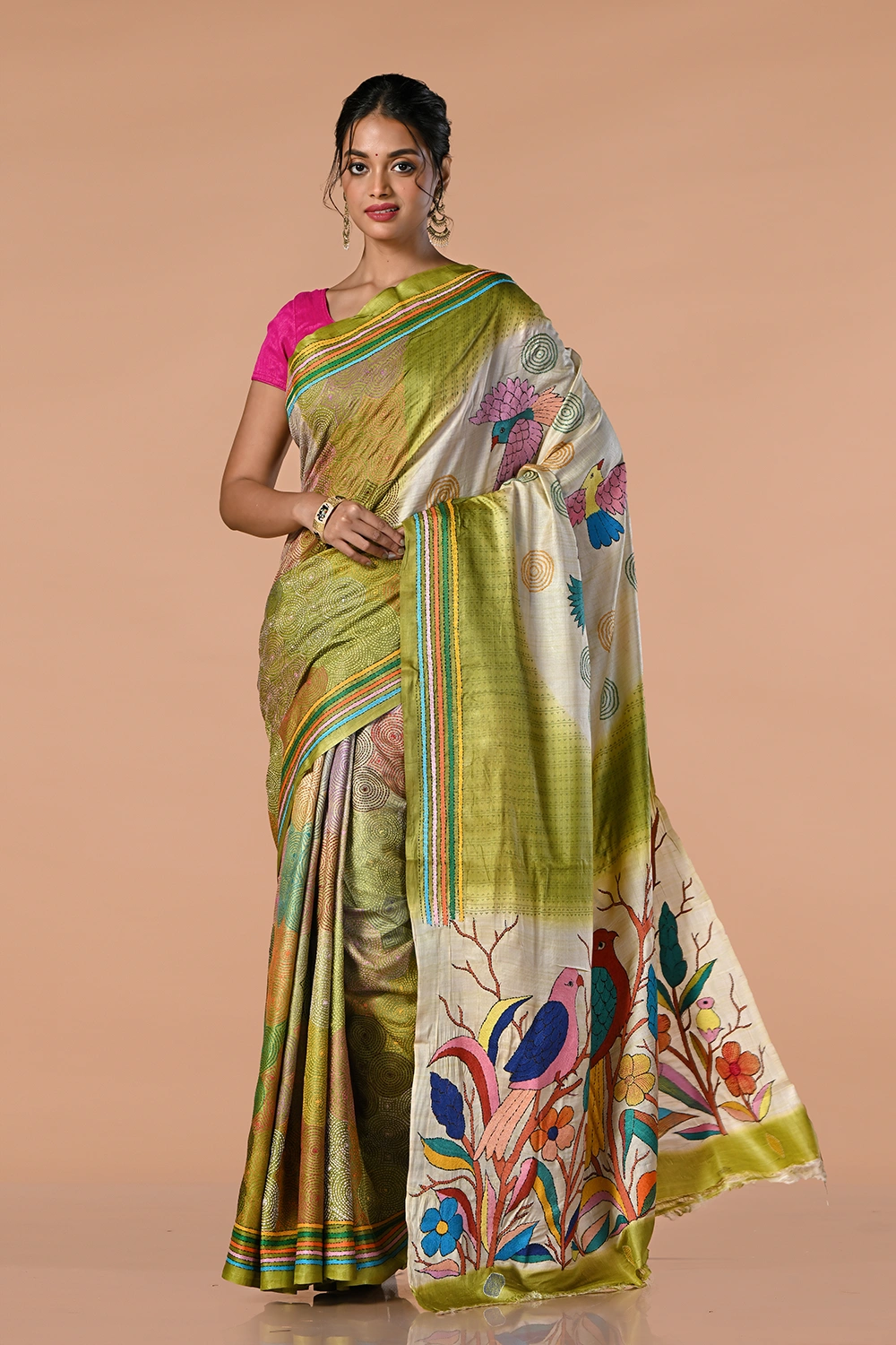 Pista Green Pure Tussar Kantha Stitch Saree - Priya Gopal Bishoyi