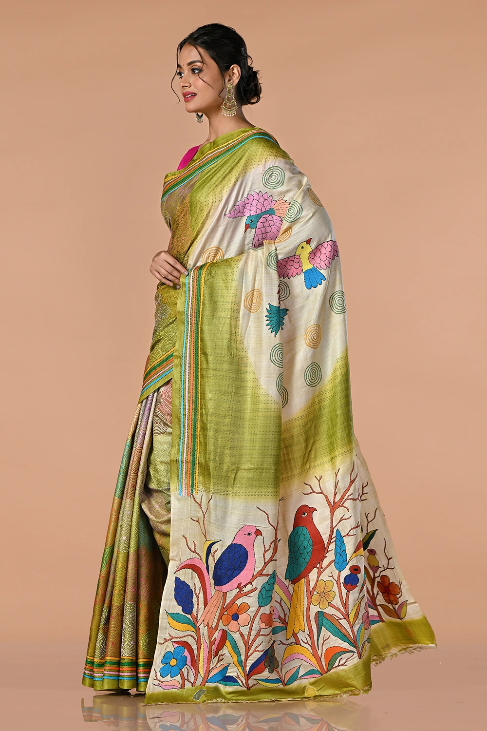 Pista Green Pure Tussar Kantha Stitch Saree - Priya Gopal Bishoyi