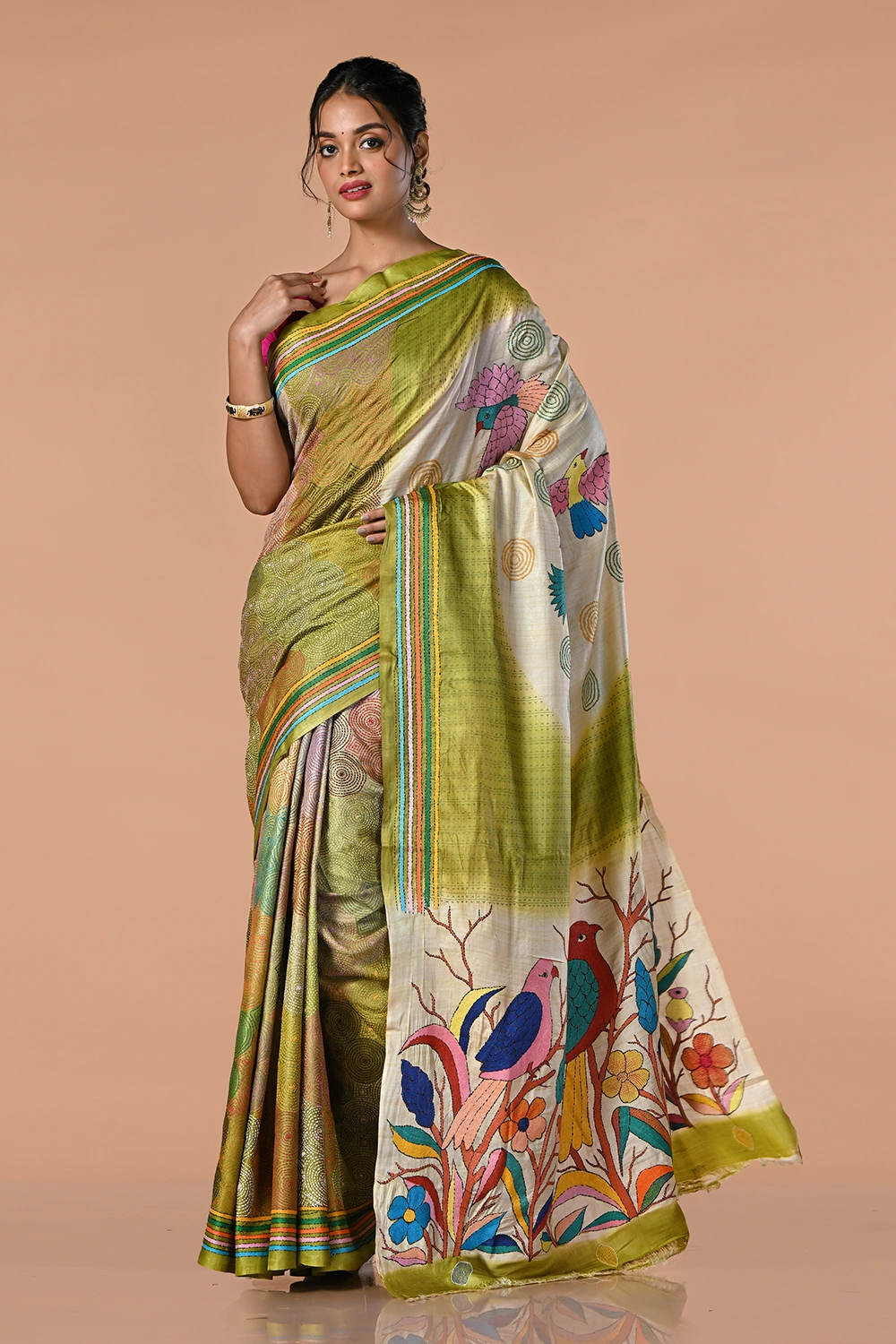 Pista Green Pure Tussar Kantha Stitch Saree - Priya Gopal Bishoyi