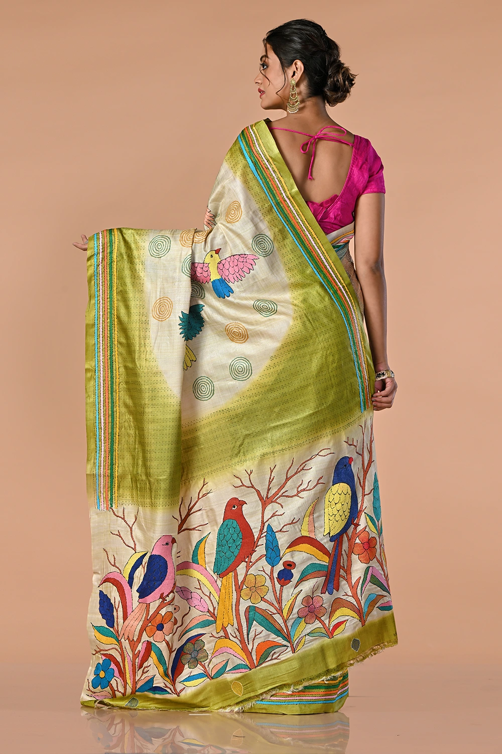 Pista Green Pure Tussar Kantha Stitch Saree - Priya Gopal Bishoyi