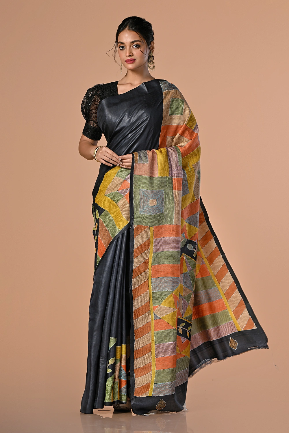Charcoal Black Pure Tussar Kantha Stitch Saree - Priya Gopal Bishoyi