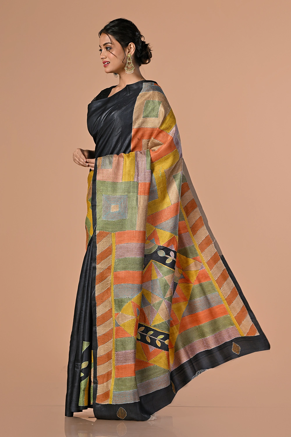 Charcoal Black Pure Tussar Kantha Stitch Saree - Priya Gopal Bishoyi
