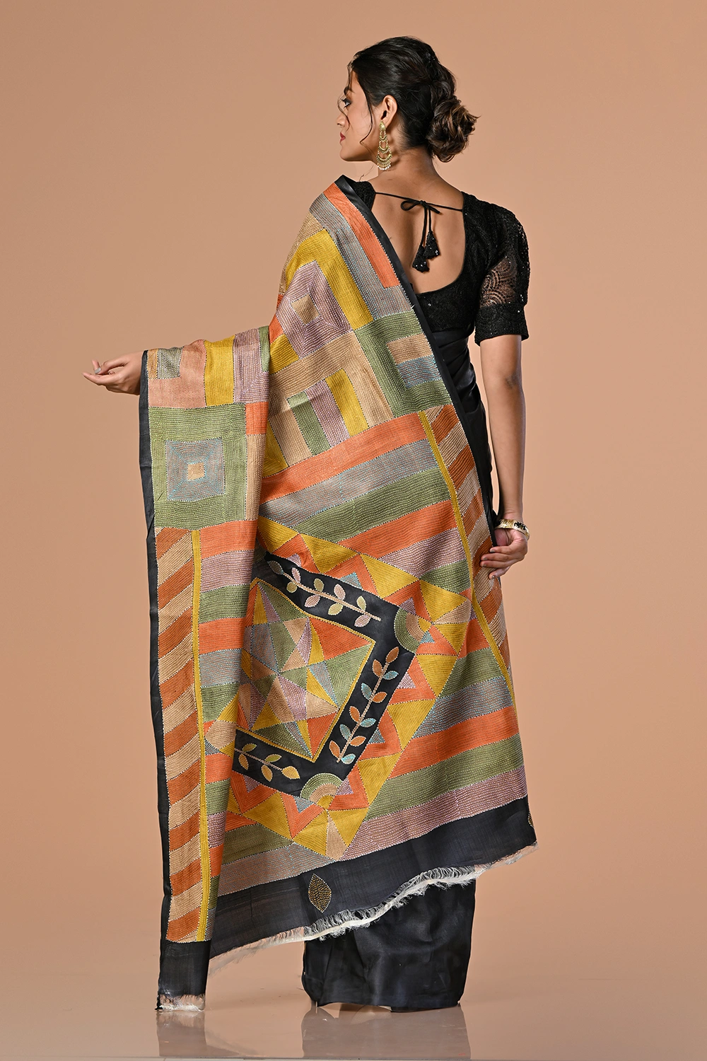 Charcoal Black Pure Tussar Kantha Stitch Saree - Priya Gopal Bishoyi
