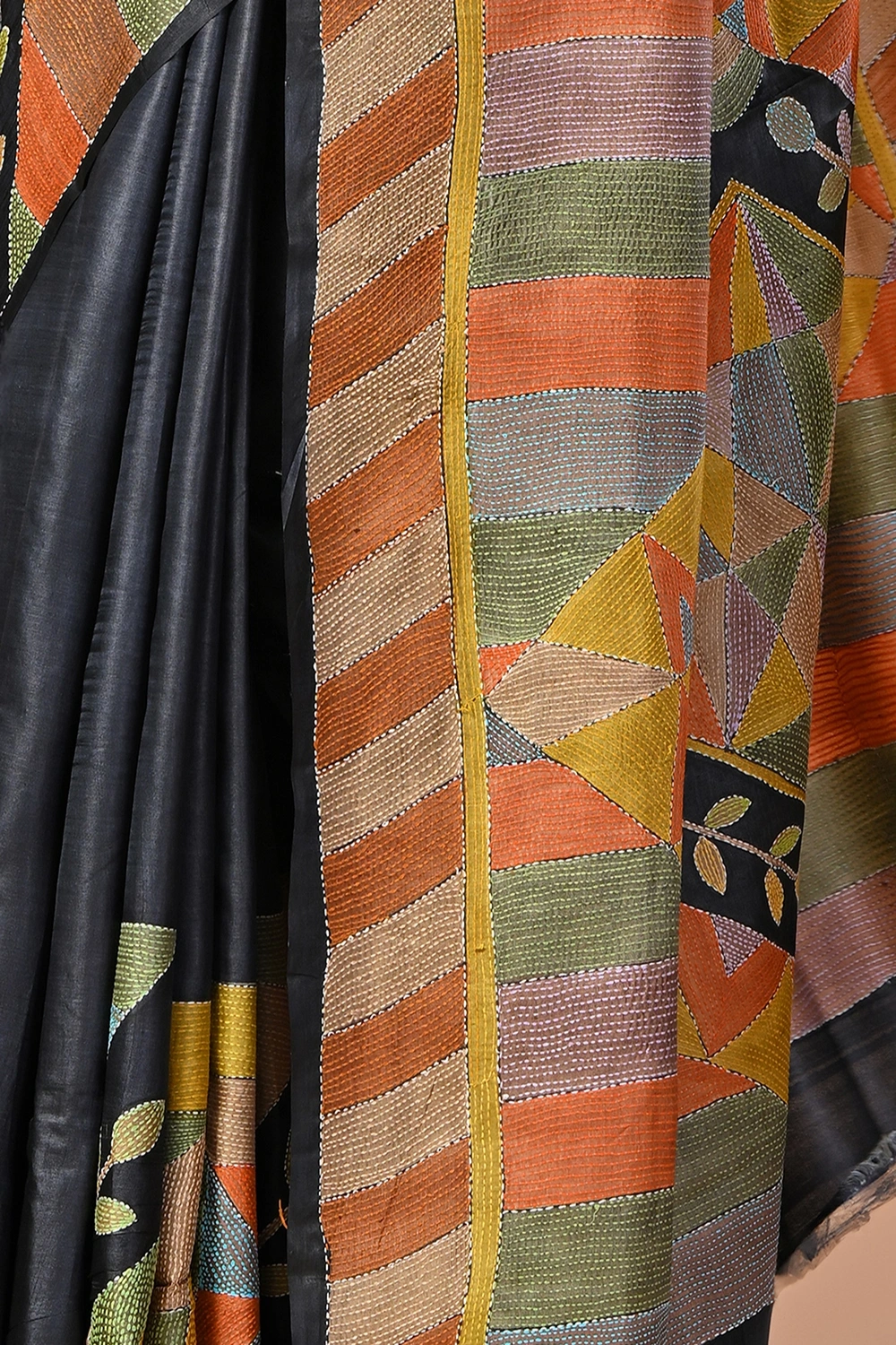 Charcoal Black Pure Tussar Kantha Stitch Saree - Priya Gopal Bishoyi