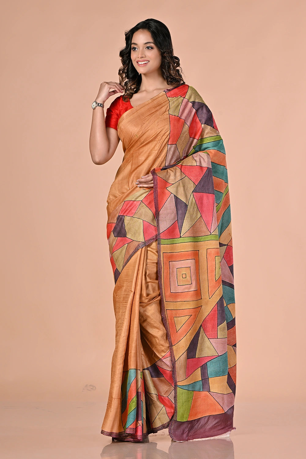 Warm Beige Pure Tussar Kantha Stitch Saree - Priya Gopal Bishoyi